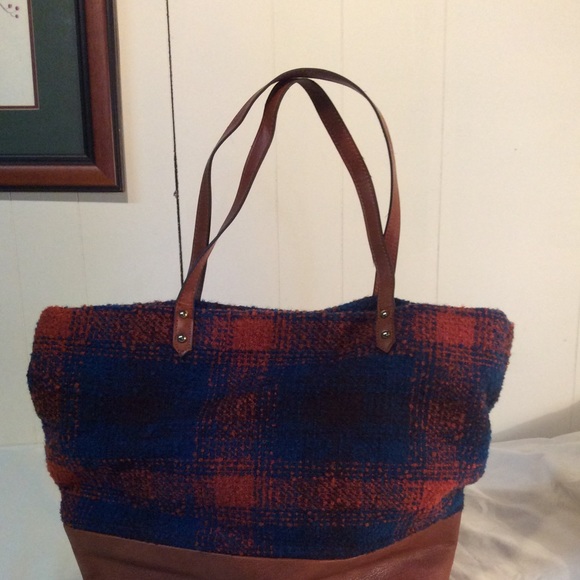 Street Level | Bags | Street Level Tote Bag Check Rust Blue Tan Leather ...